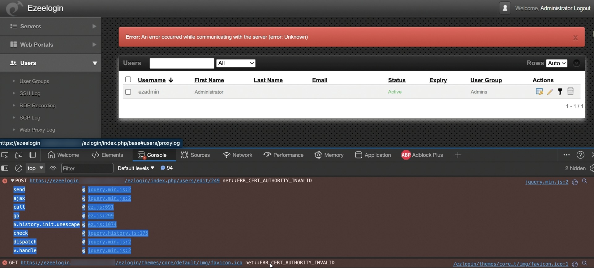 Error: An error occurred while communicating with the server (error: Unknown)